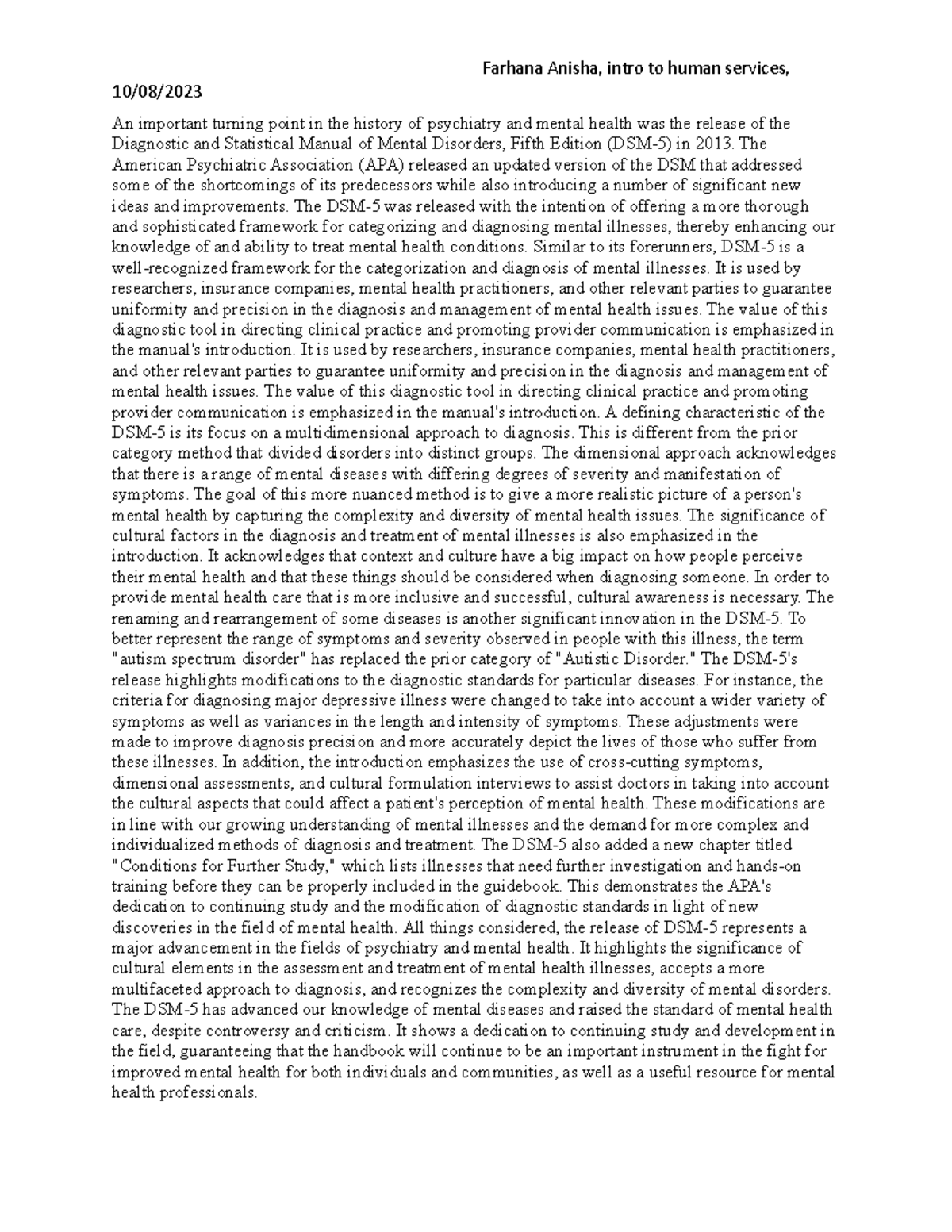 DSM-5 - DSM-5 essay of introduction - Farhana Anisha, intro to human ...
