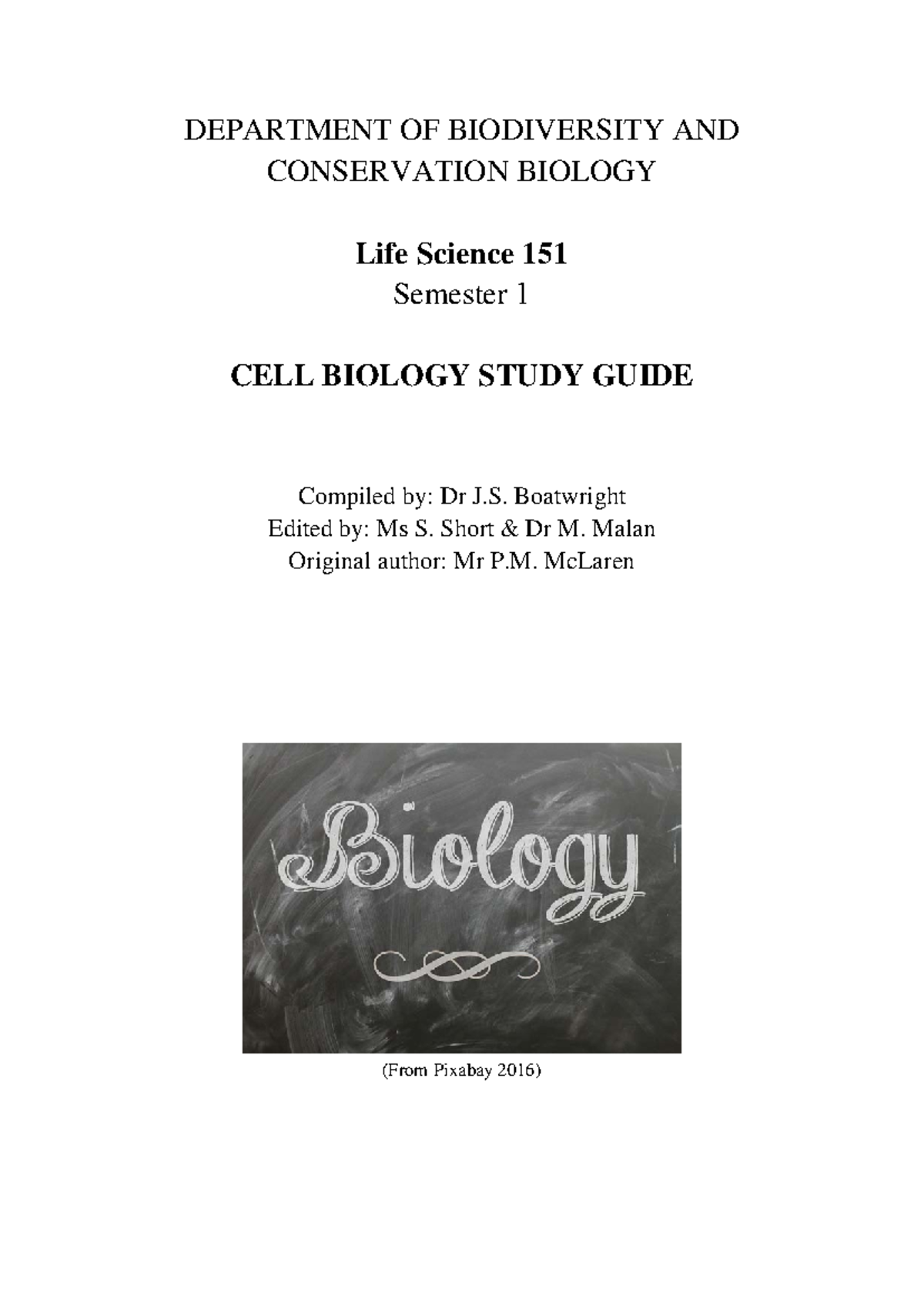 LFS151 Cell Biology Study Guide semester 1 2024 - DEPARTMENT OF ...