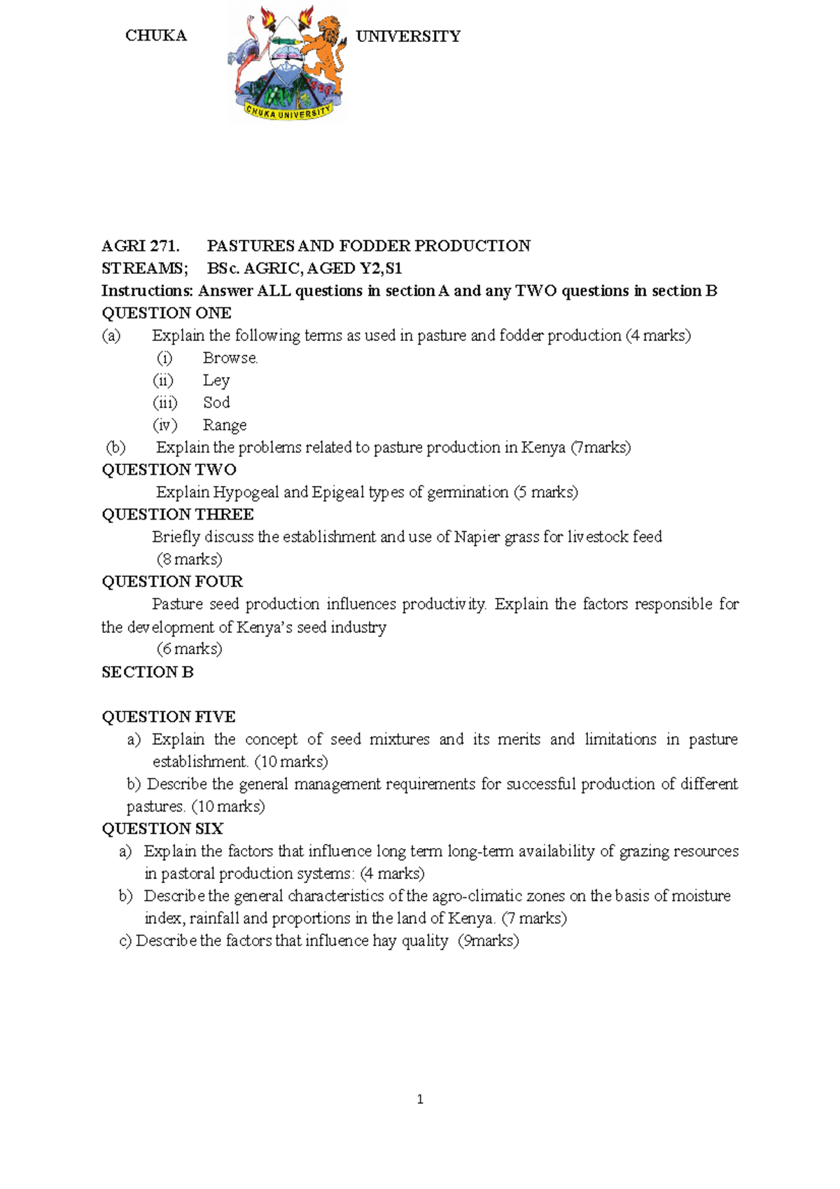 Exam agri 271 march 2021 - AGRI 271. PASTURES AND FODDER PRODUCTION ...