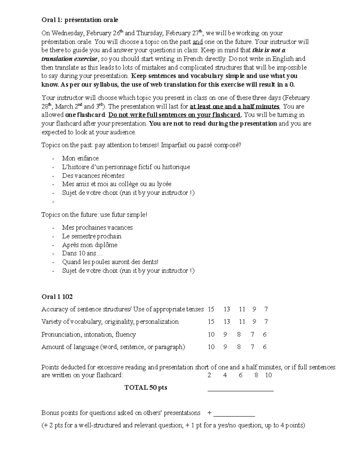 Oral Exam 1 Practice - Oral 1: présentation orale On Wednesday ...