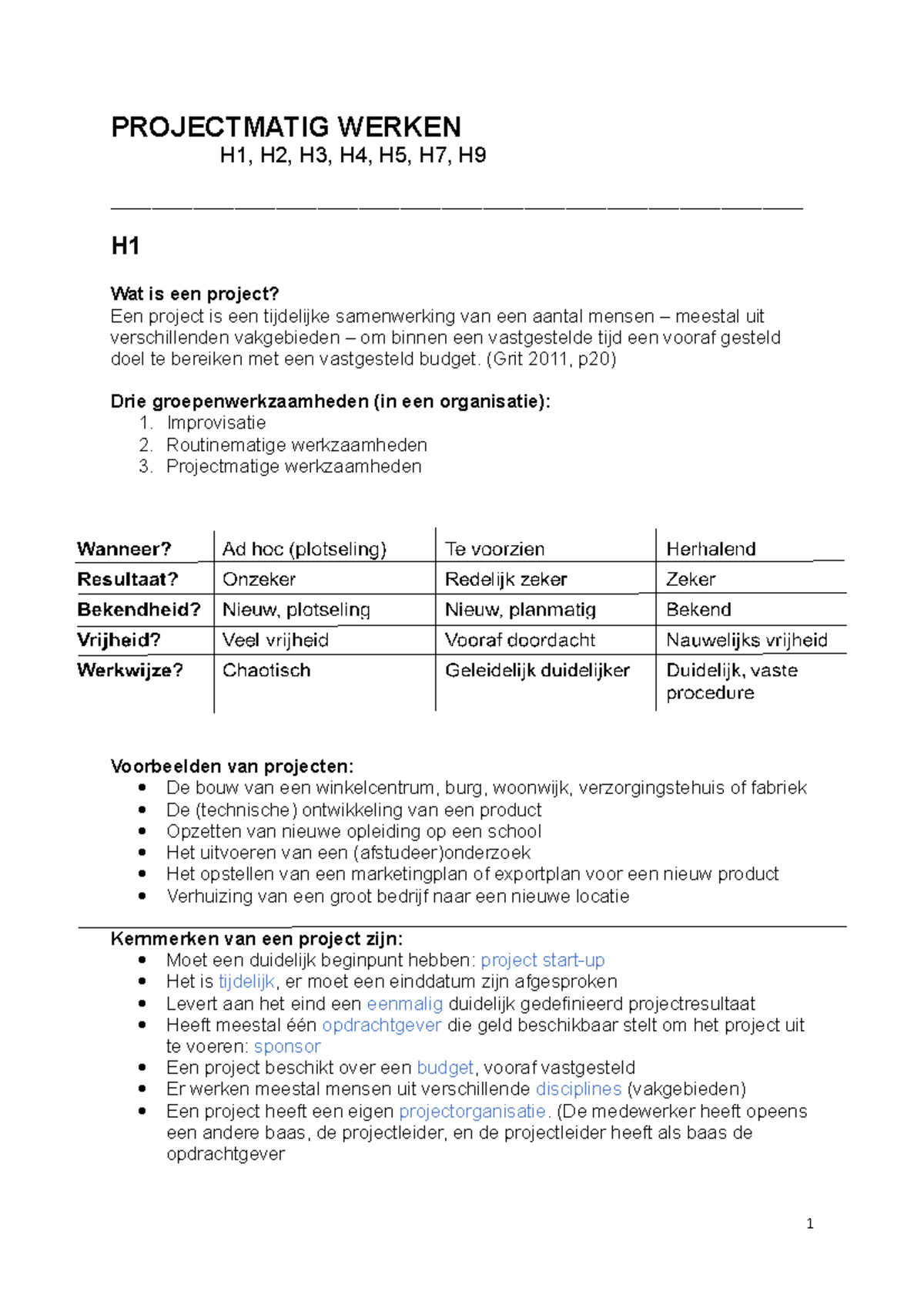 Samenvatting Project Management hoorcollege - hoofdstukken 1-5, 7 & 9 ...