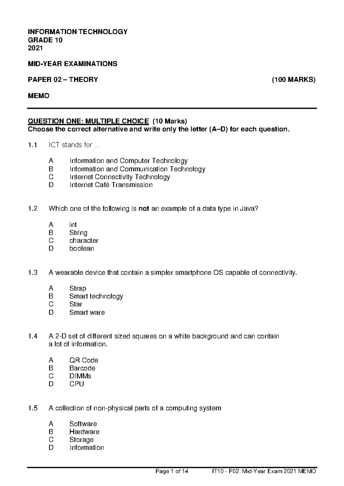 IT10 Paper 02 June 2021 MEMO - INFORMATION TECHNOLOGY GRADE 10 2021 MID ...