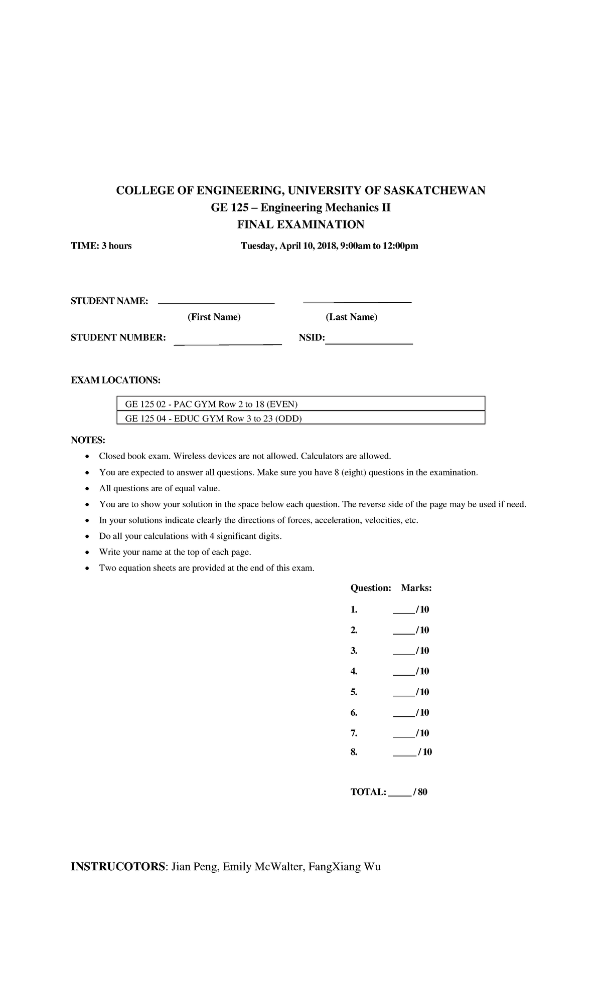 Final Exam 2018 Cover Page - COLLEGE OF ENGINEERING, UNIVERSITY OF ...