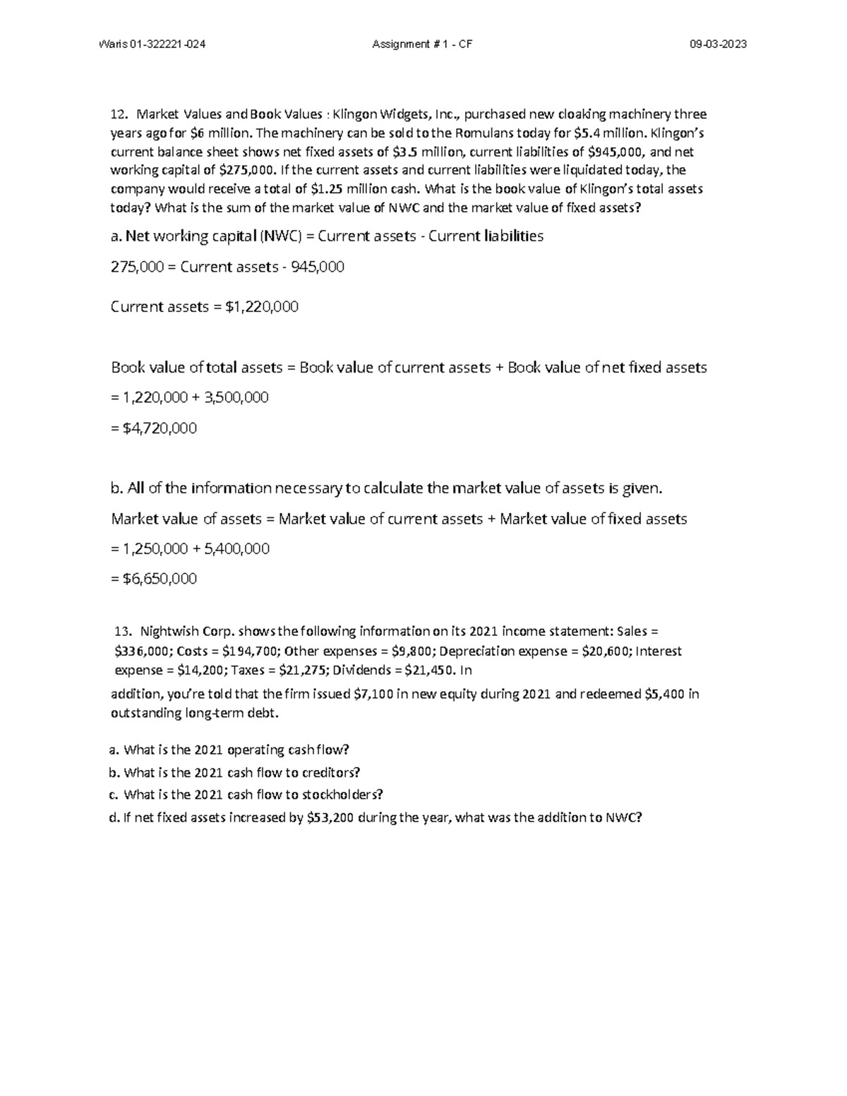 CF-A#1 - Waris - 01-322221-024 - 1 . Market Values and Book Values : Klingon Widgets, Inc ...