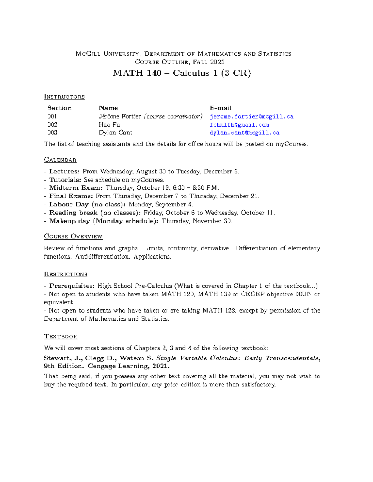 140-outline - Syllabus - McGill University, Department of Mathematics ...