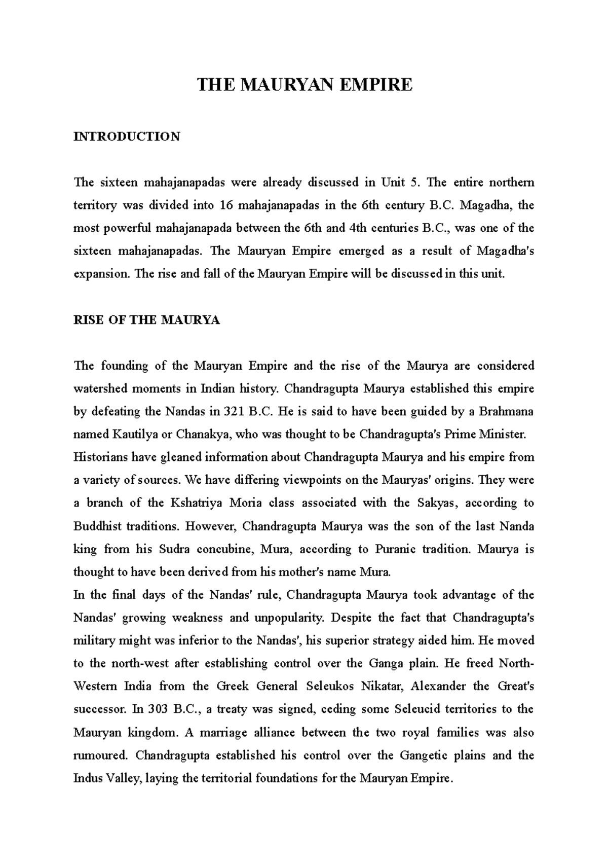 THE Mauryan Empire - Lecture notes 6 - THE MAURYAN EMPIRE INTRODUCTION ...