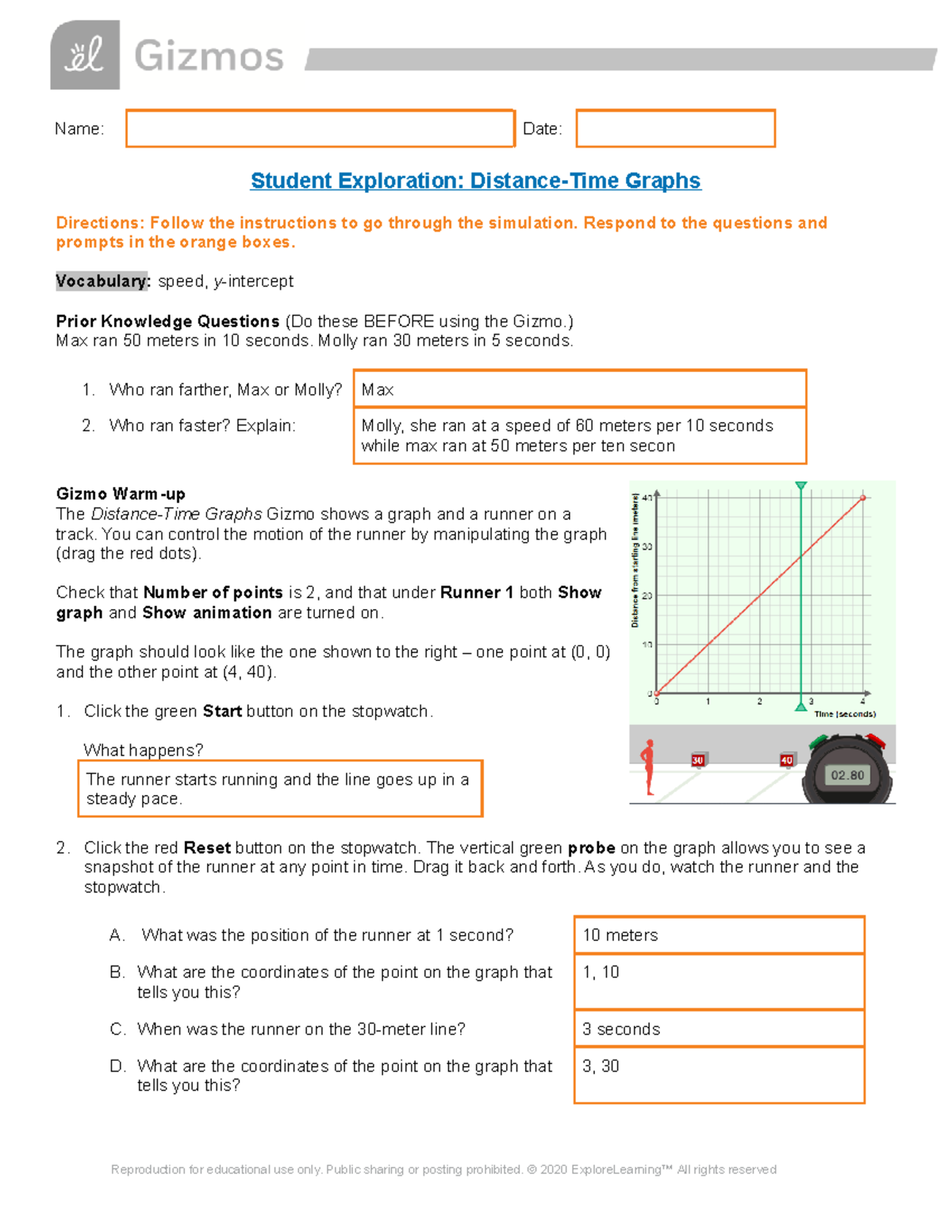 DistanceTimeSEm - Name: Date: Student Exploration: Distance-Time Graphs ...