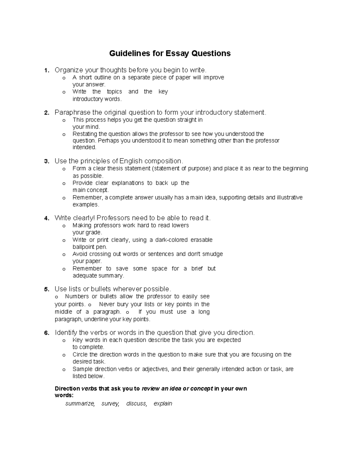 Guidelines for Essay Questions - Organize your thoughts before you ...