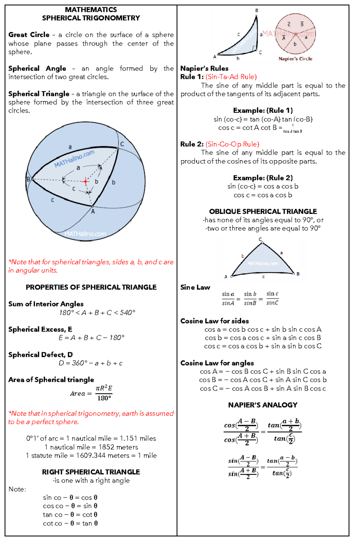 Mathematics - MATHEMATICS SPHERICAL TRIGONOMETRY Great Circle – a ...