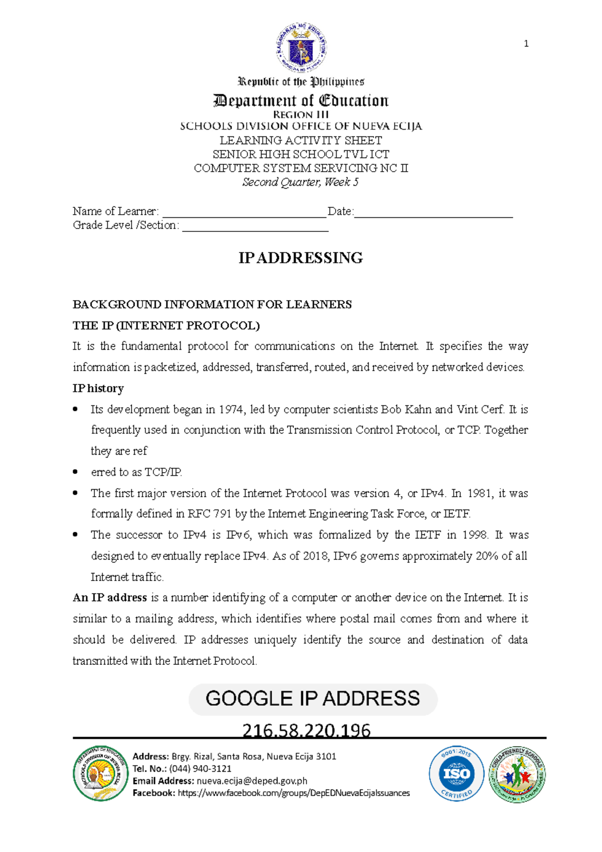 WEEK 5 IP Addressing - hdfdjhglrighrwp - LEARNING ACTIVITY SHEET SENIOR ...