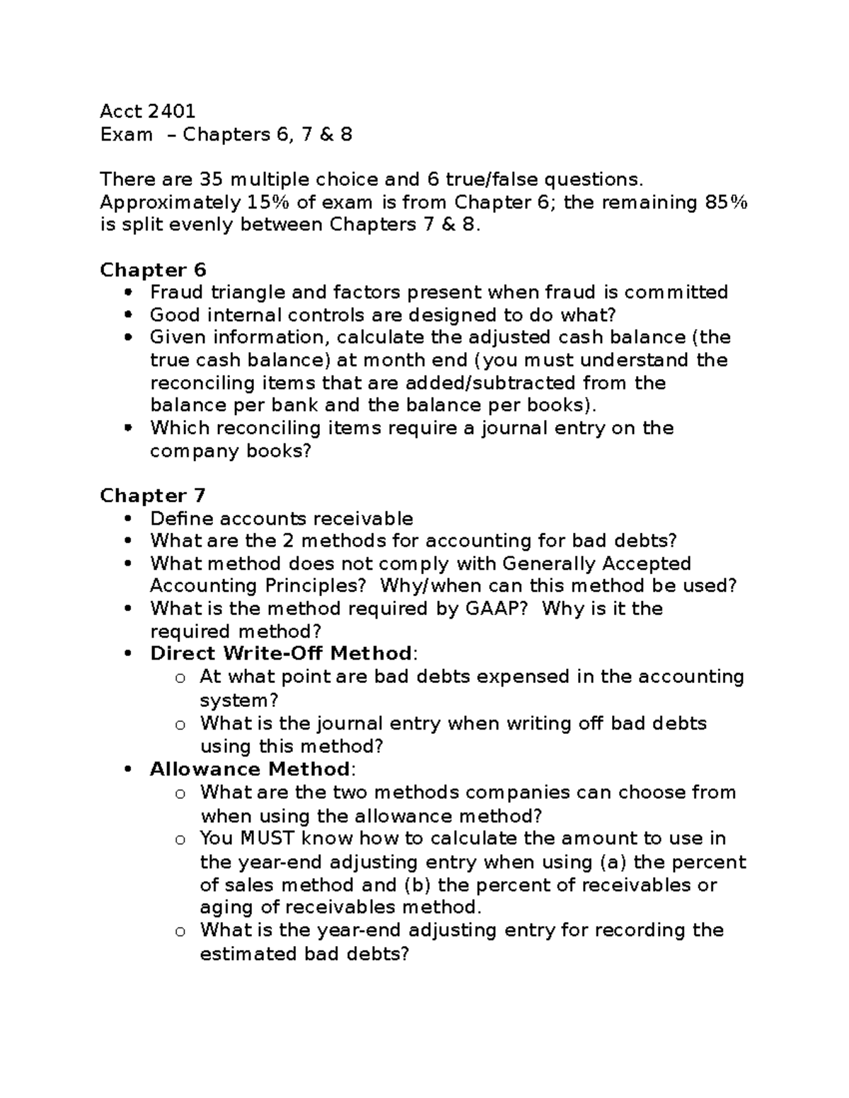 Test Review - Exam 3 - Online Practice Questions - Acct 2401 Exam ...