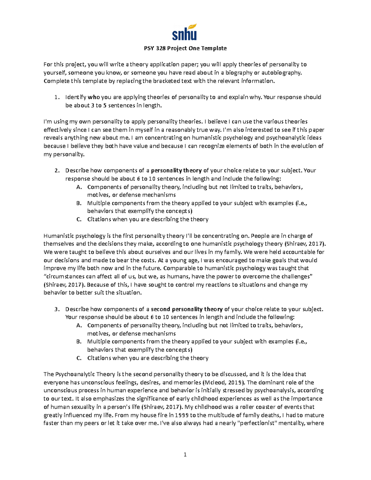 PSY 328 Project One Template - PSY 328 Project One Template For this ...