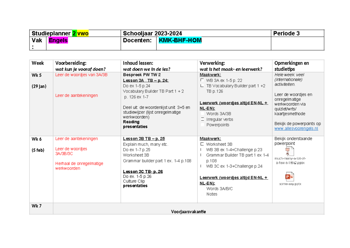 2324 Studieplanner EN 2V P3 - Studieplanner 2 vwo Schooljaar 2023-2024 Periode 3 Vak : Engels ...