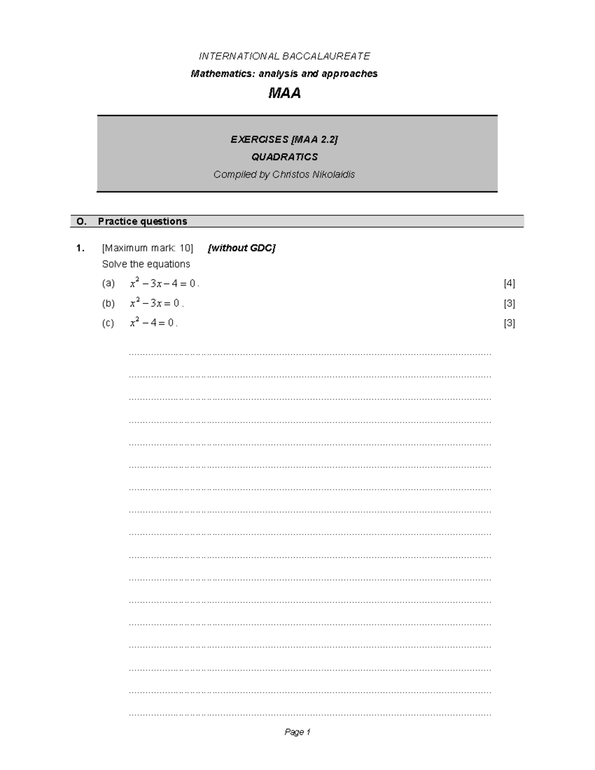 Maa 2 International Baccalaureate Mathematics Analysis And Approaches Maa Exercises [maa 2
