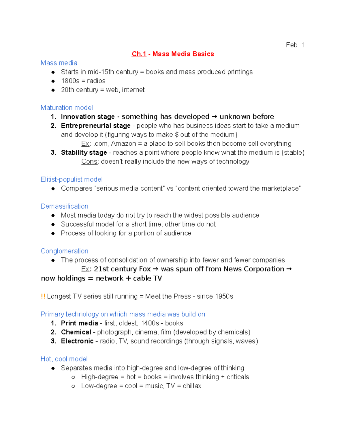 Mass Comm Test 1 Notes (Ch.1-4) - Feb. 1 Ch - Mass Media Basics Mass ...