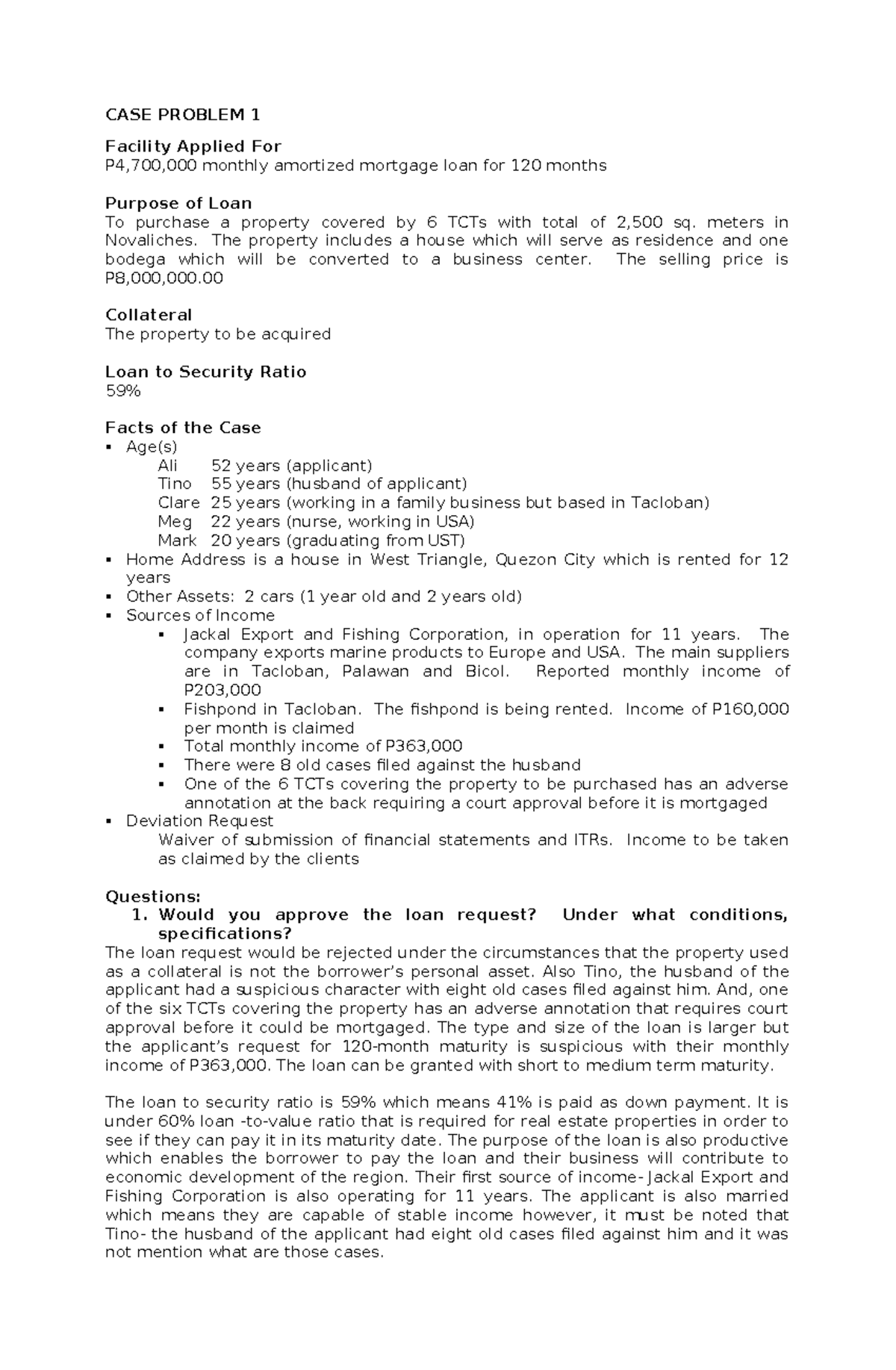 Case Problem 1 1 Case Problem 1 Facility Applied For P4 700 000 Monthly Amortized Mortgage