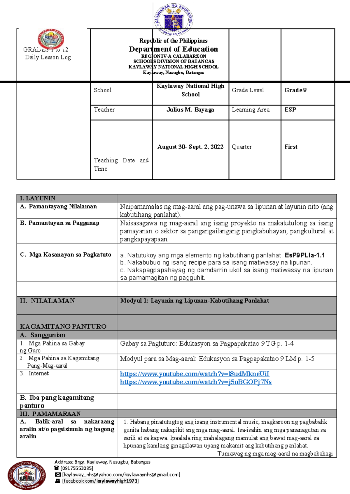 english and esp notes - Address: Brgy. Kaylaway, Nasugbu, Batangas ...