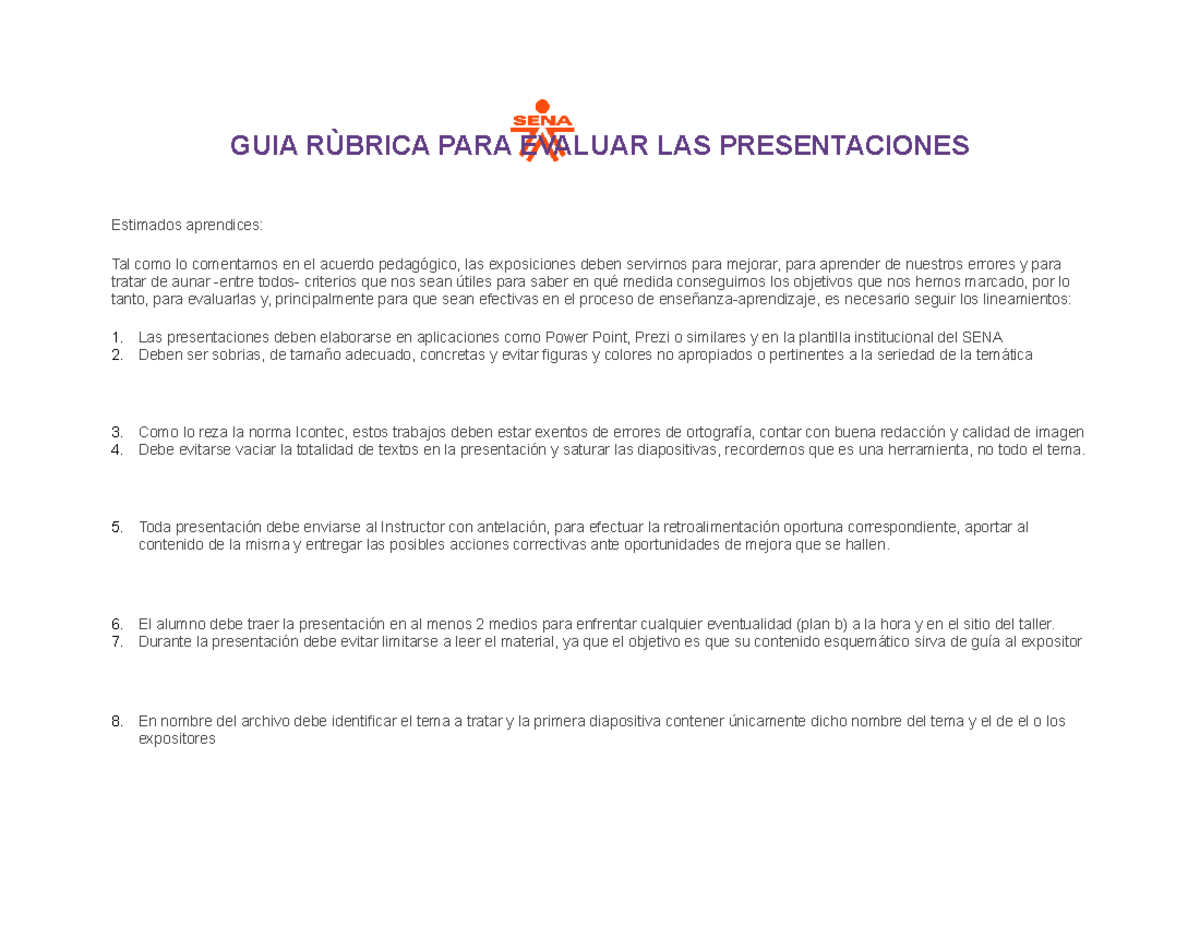 Rúbrica PARA Evaluar UNA Presentación - GUIA RÙBRICA PARA EVALUAR LAS ...