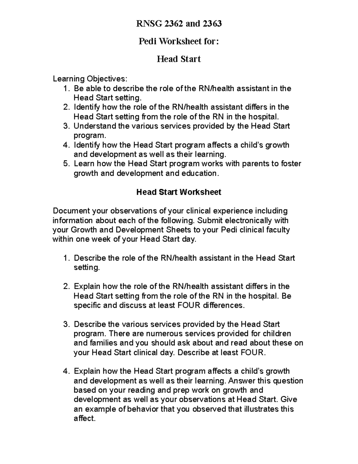 Head Start Worksheet - N/A - RNSG 2362 and 2363 Pedi Worksheet for ...