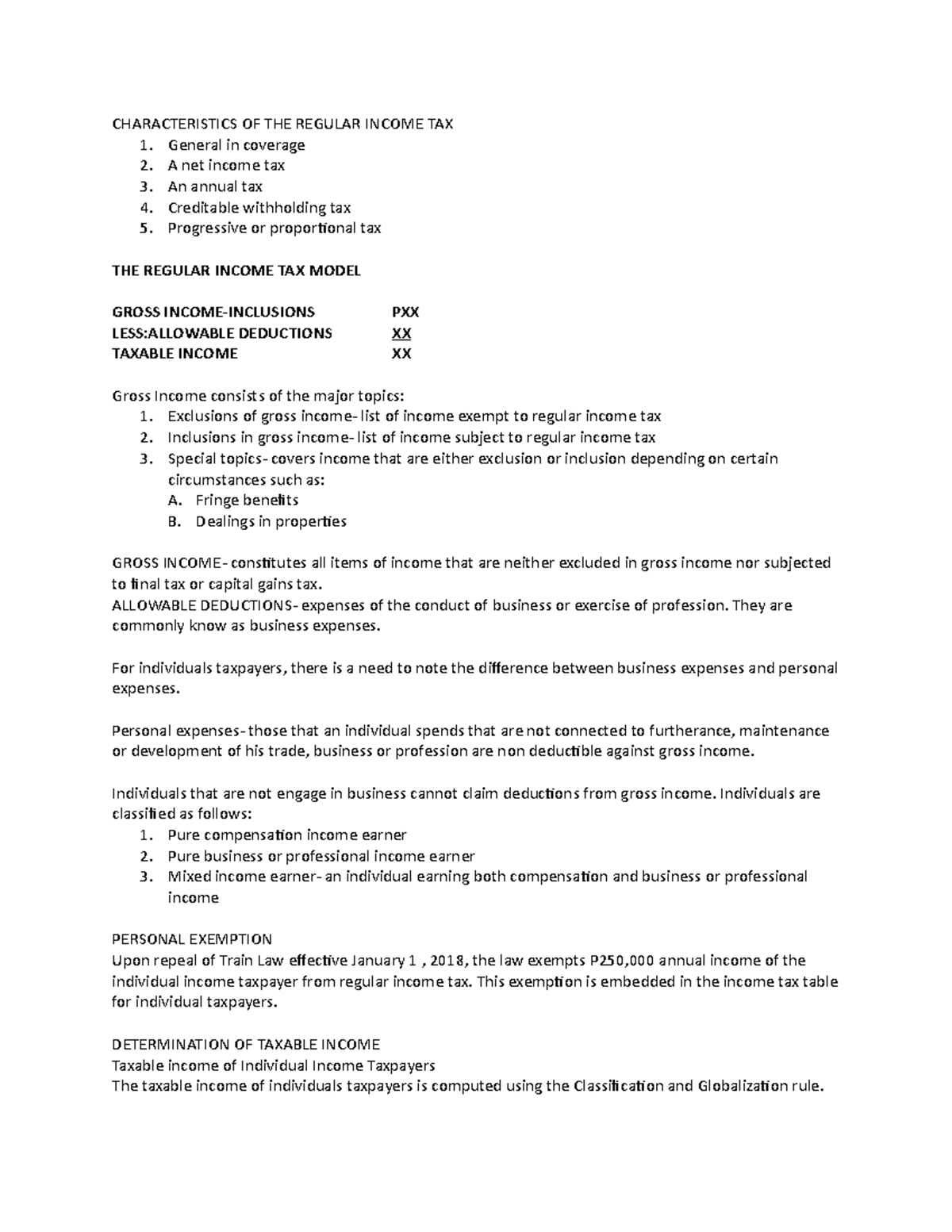 THE Regular Income TAX - Lecture notes 4 - CHARACTERISTICS OF THE ...