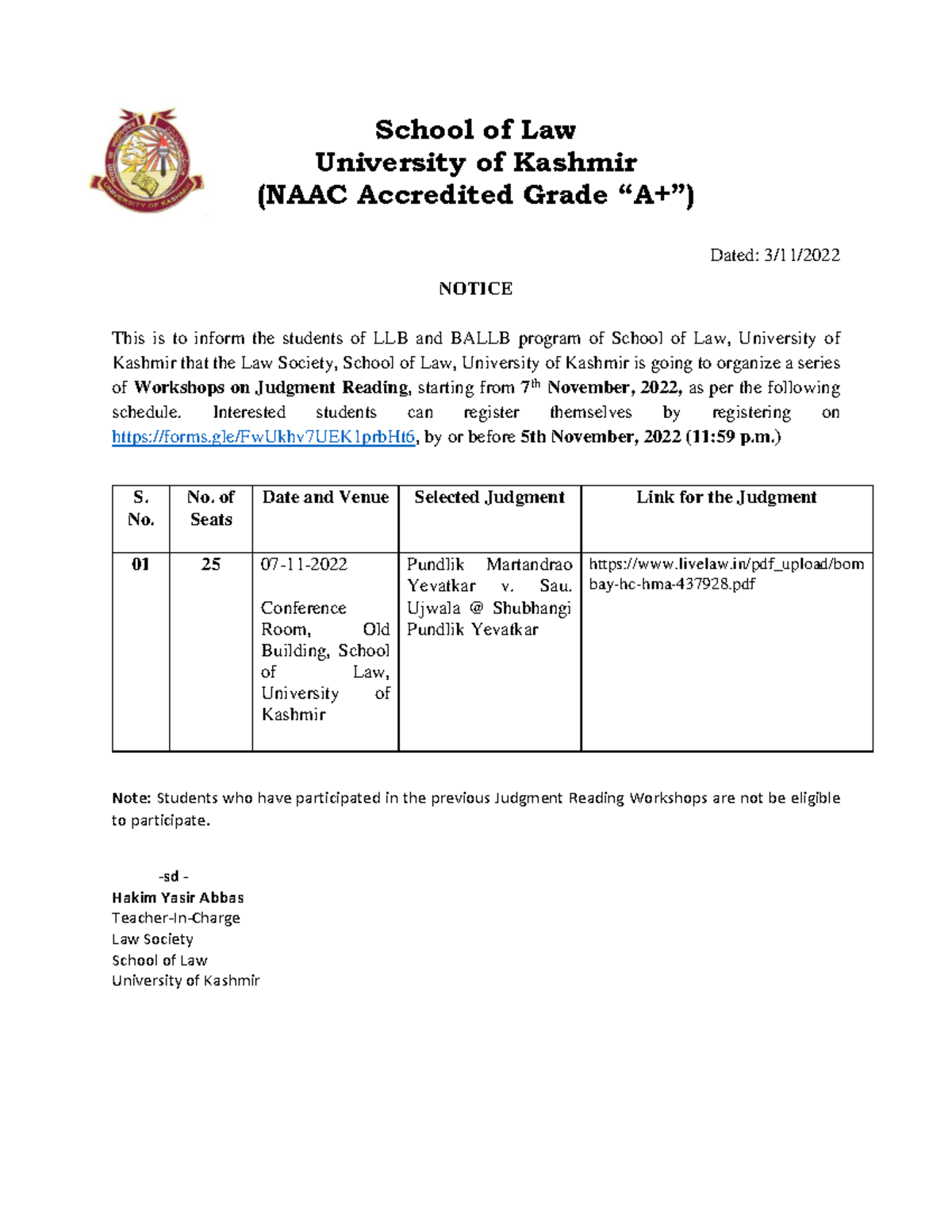 Judgment Reading Notice - School of Law University of Kashmir (NAAC ...