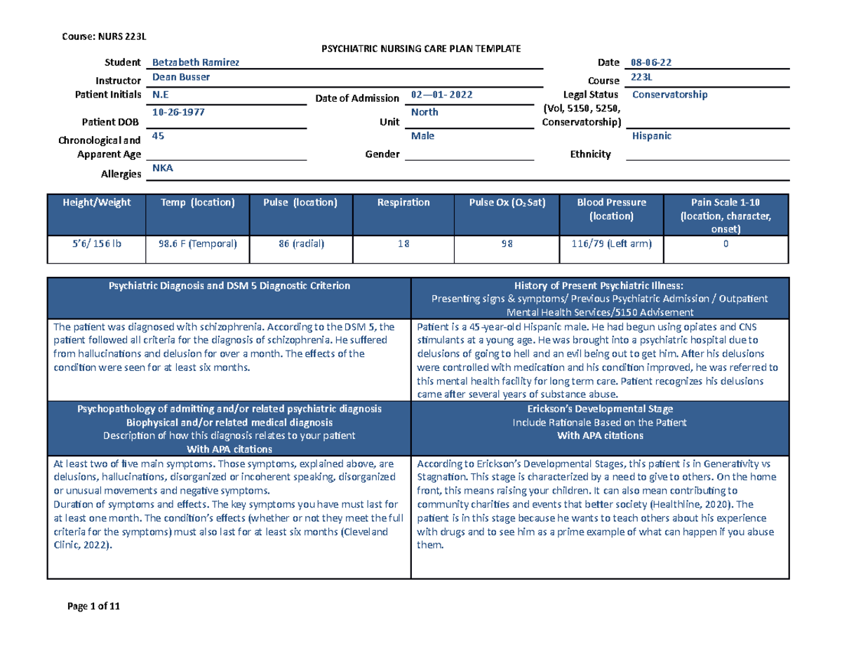 NURS 223L - Psychiatric Nursing Care Plan Template - PSYCHIATRIC ...