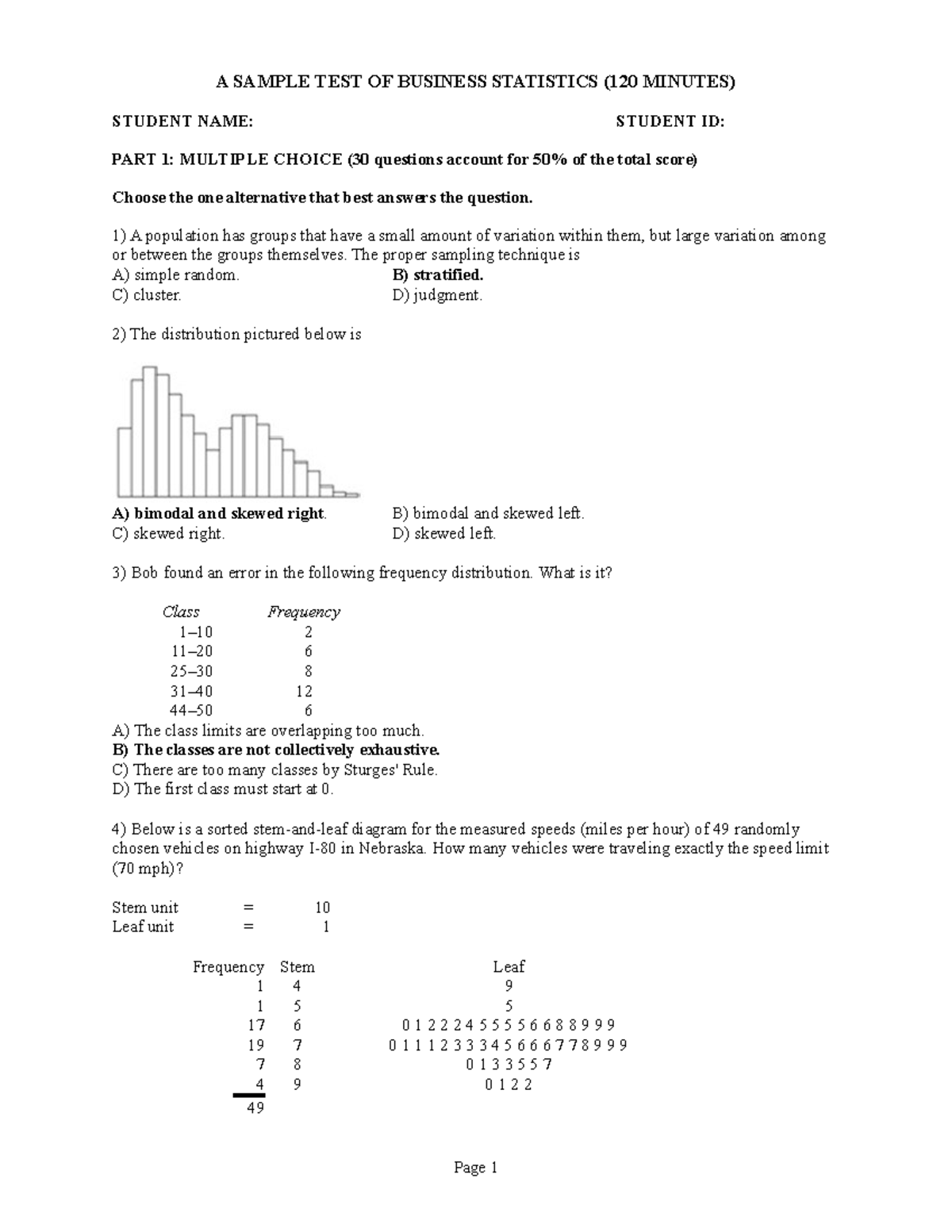 Final exam sample test - A SAMPLE TEST OF BUSINESS STATISTICS (120 ...
