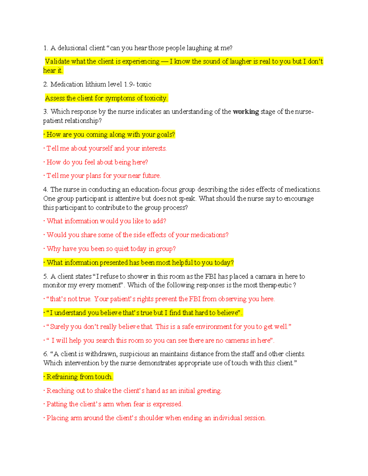 Unit 2 long Q&A - practice - A delusional client “can you hear those ...