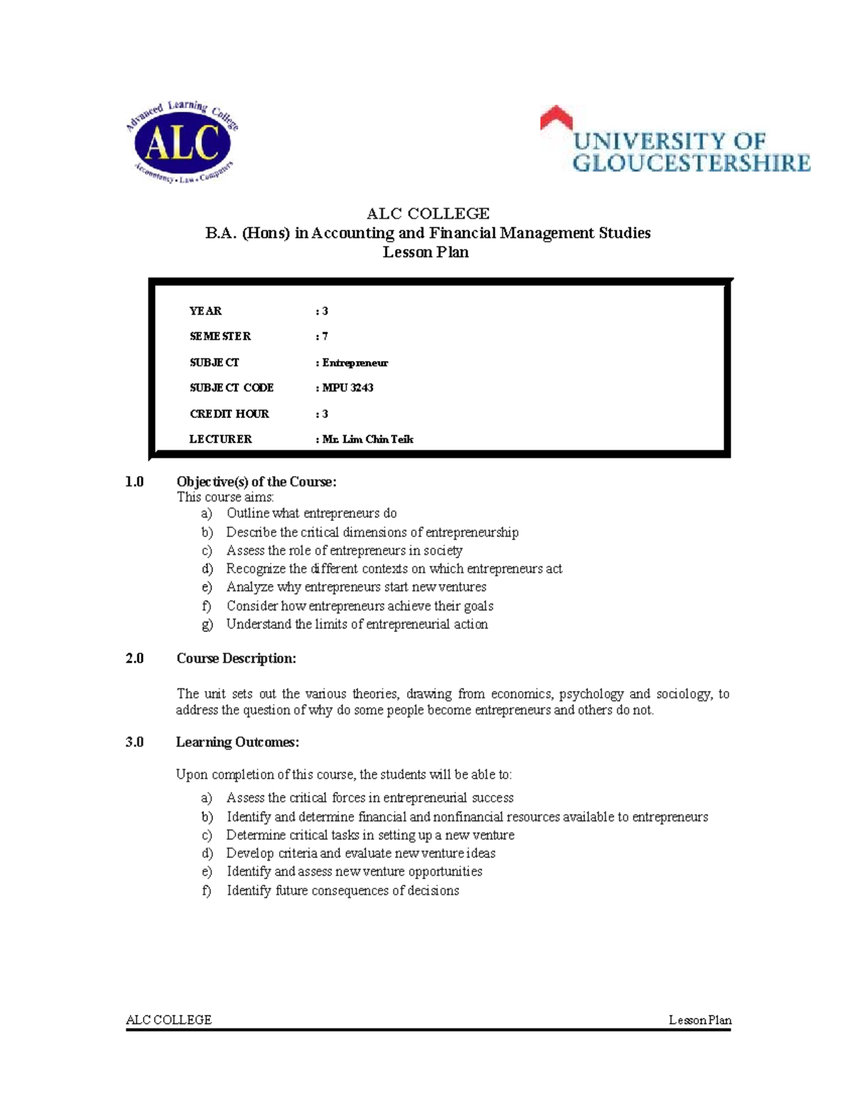 Entrepreneur Lesson Plan - ALC COLLEGE B. (Hons) in Accounting and ...