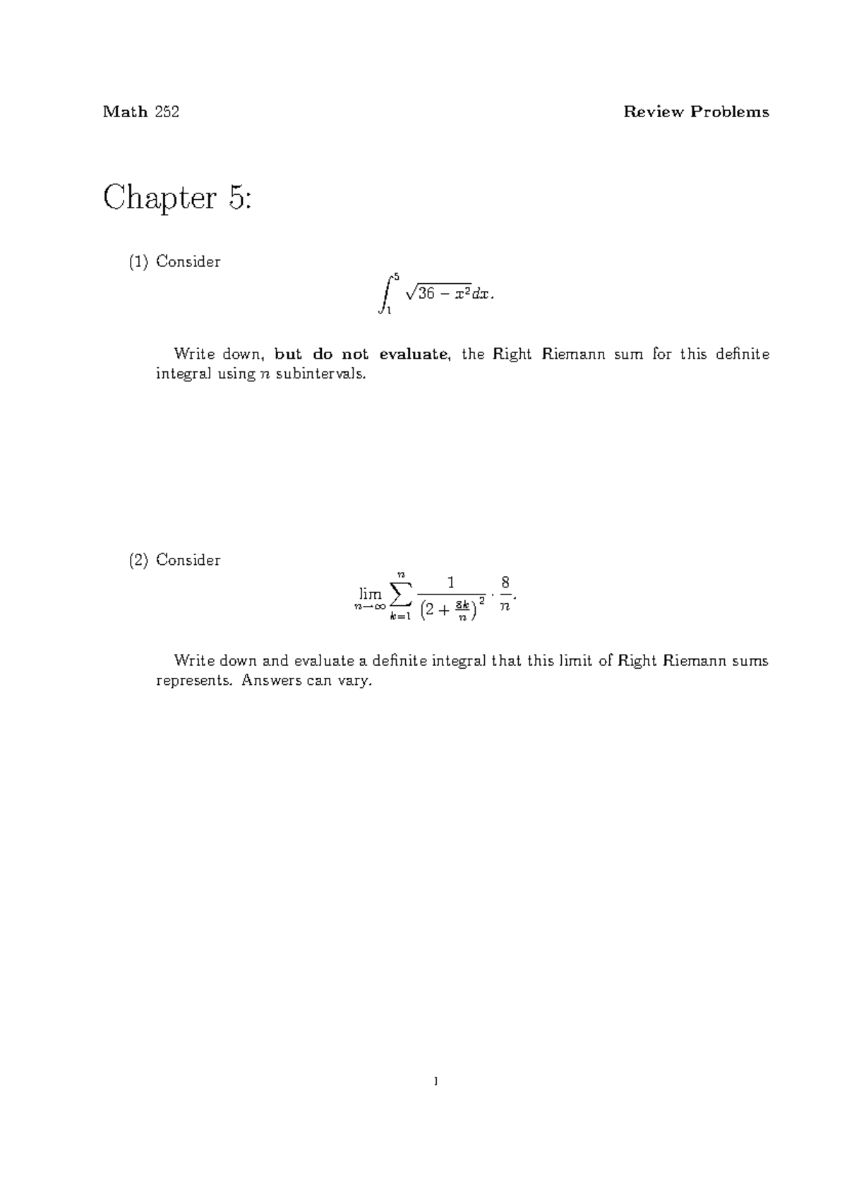 M252Test Review Problems - Math 252 Review Problems Chapter 5: (1 ...
