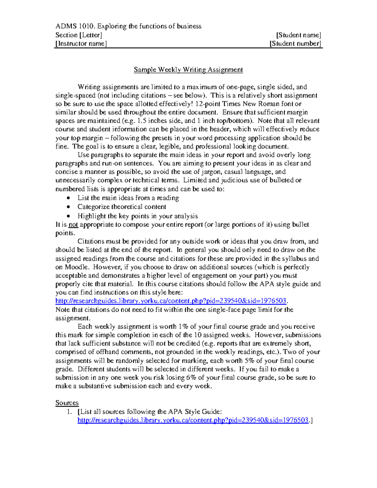 ADMS 1010Writing assignment guide and marking rubric - ADMS 1010. Exploring the functions of ...