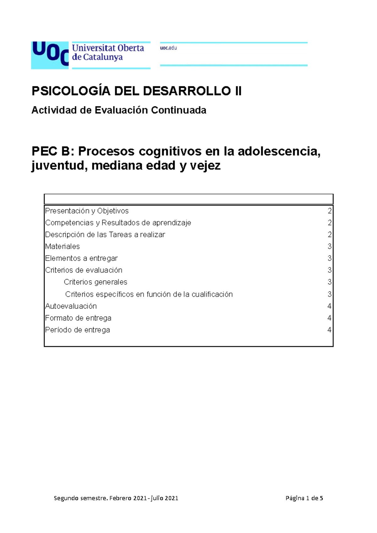 PEC B Enunciado 2020 21 2 - PSICOLOGÍA DEL DESARROLLO II Actividad de Evaluación Continuada PEC ...