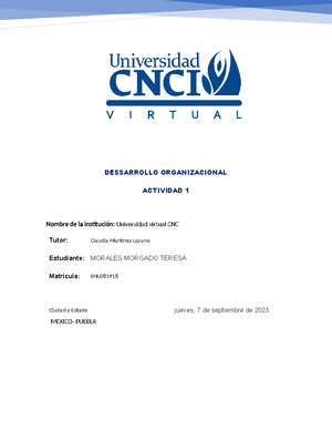 Desarrollo Organizacional Actividad 1 - UNIVERSIDAD VIRTUAL DE CNCI ACTIVIDAD 1 DESARROLLO - Studocu
