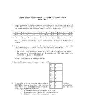 Tarea 2 - Estadistica - Estadística Descriptiva e Inferencial Ciclo 2024- La siguiente ...