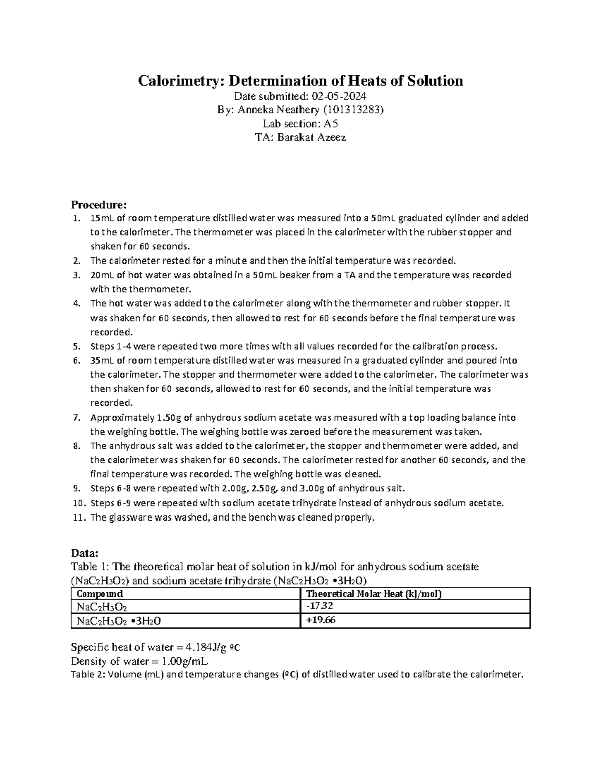 Cal short report - Calorimetry: Determination of Heats of Solution Date ...
