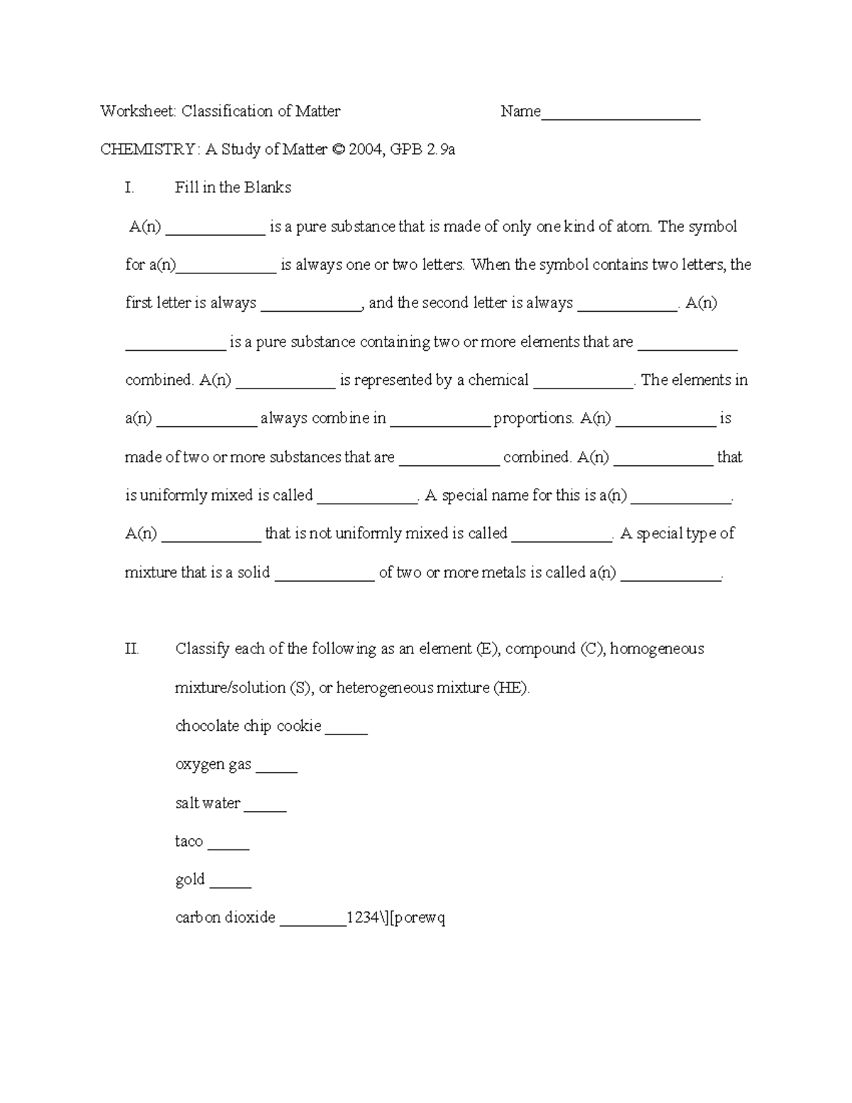 Classification of Matter Wksht - Worksheet: Classification of Matter ...