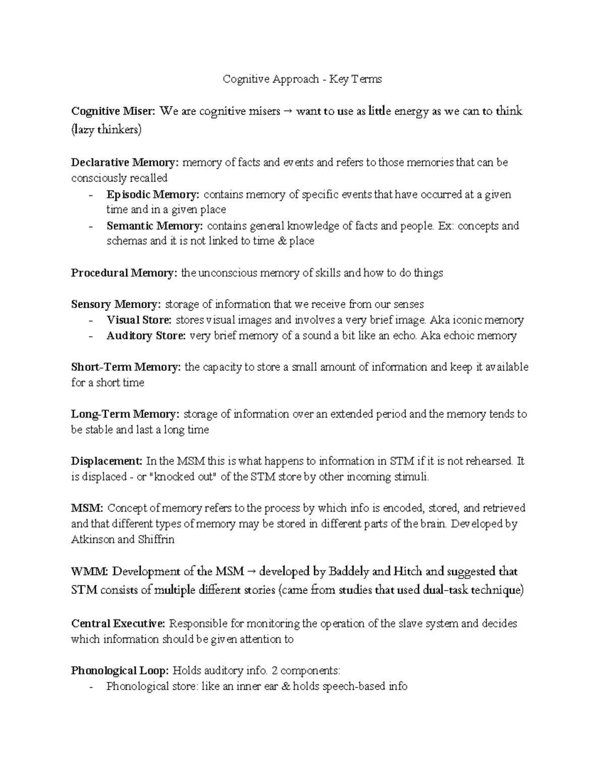 Cognitive Approach - Key Terms - Cognitive Approach - Key Terms ...