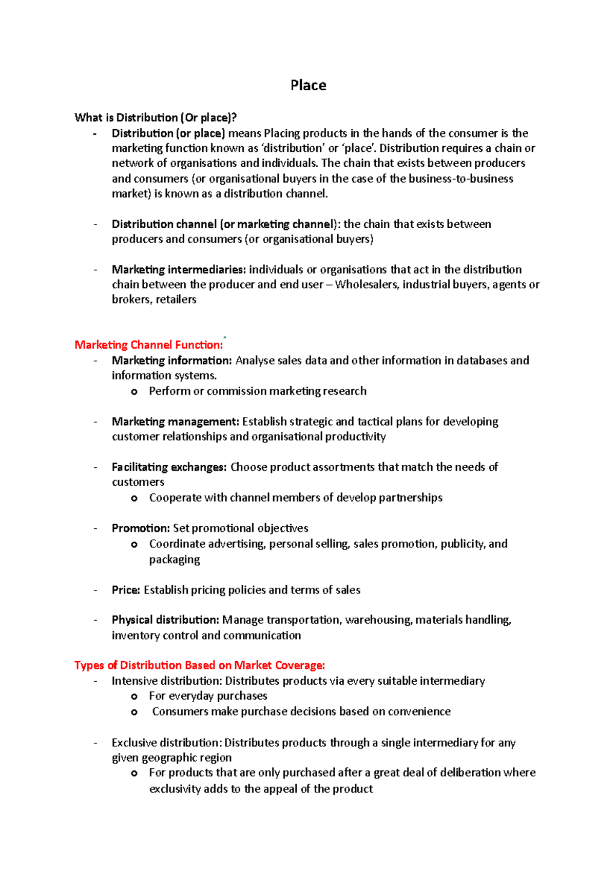 Place ( Week 9) - Good notes - Place What is Distribution (Or place ...
