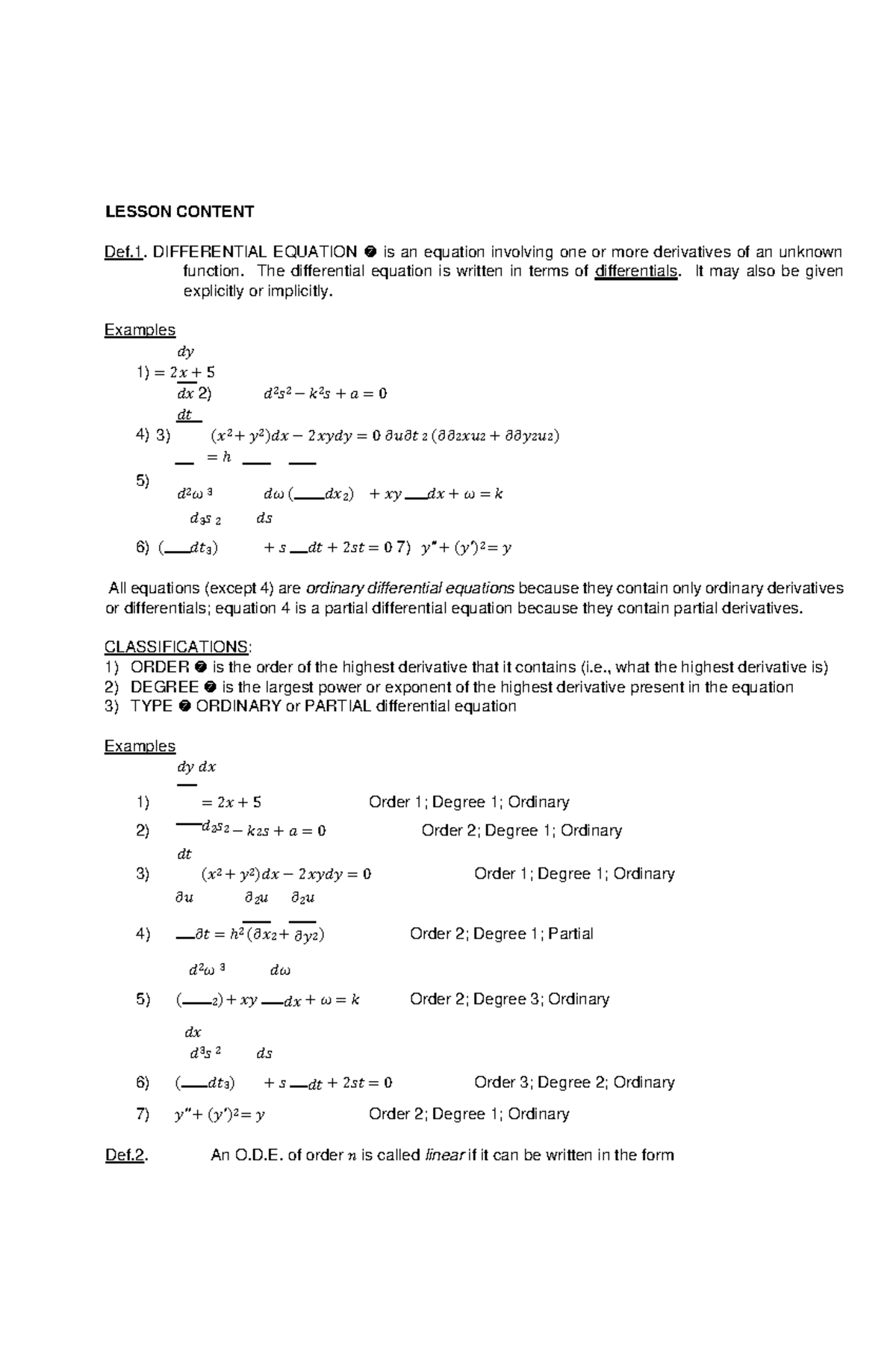 Differential Equations - Lesson 1 - LESSON CONTENT Def. DIFFERENTIAL ...