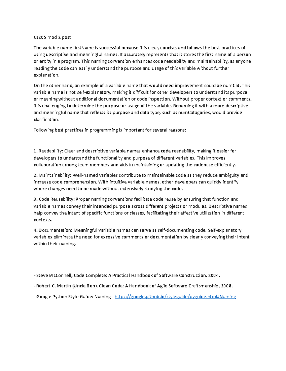 Cs 204 mod 2 dis - discussion post - Cs205 mod 2 post The variable name firstName is successful ...