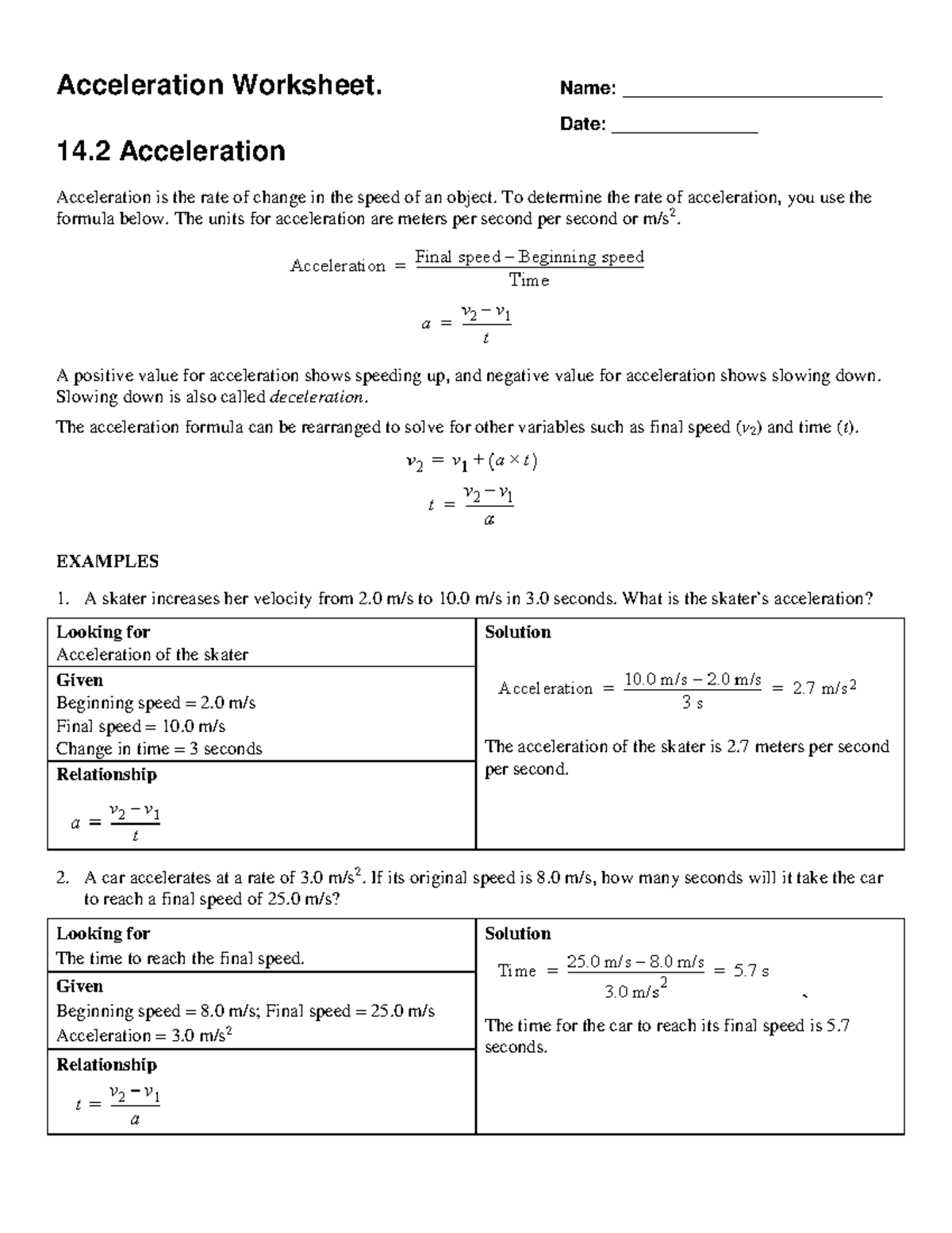 Acceleration worksheet - Name: _________________________ Date: ______________ 14 Acceleration ...