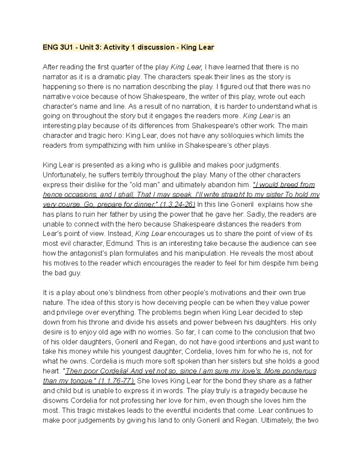 Gr.11 English - Unit 3 Activity 1 discussion - ENG 3U1 - Unit 3 ...