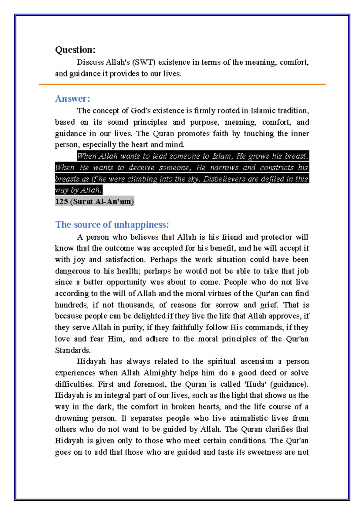 HUM110-A#1 - Assignment - Question: Discuss Allah's (SWT) existence in ...
