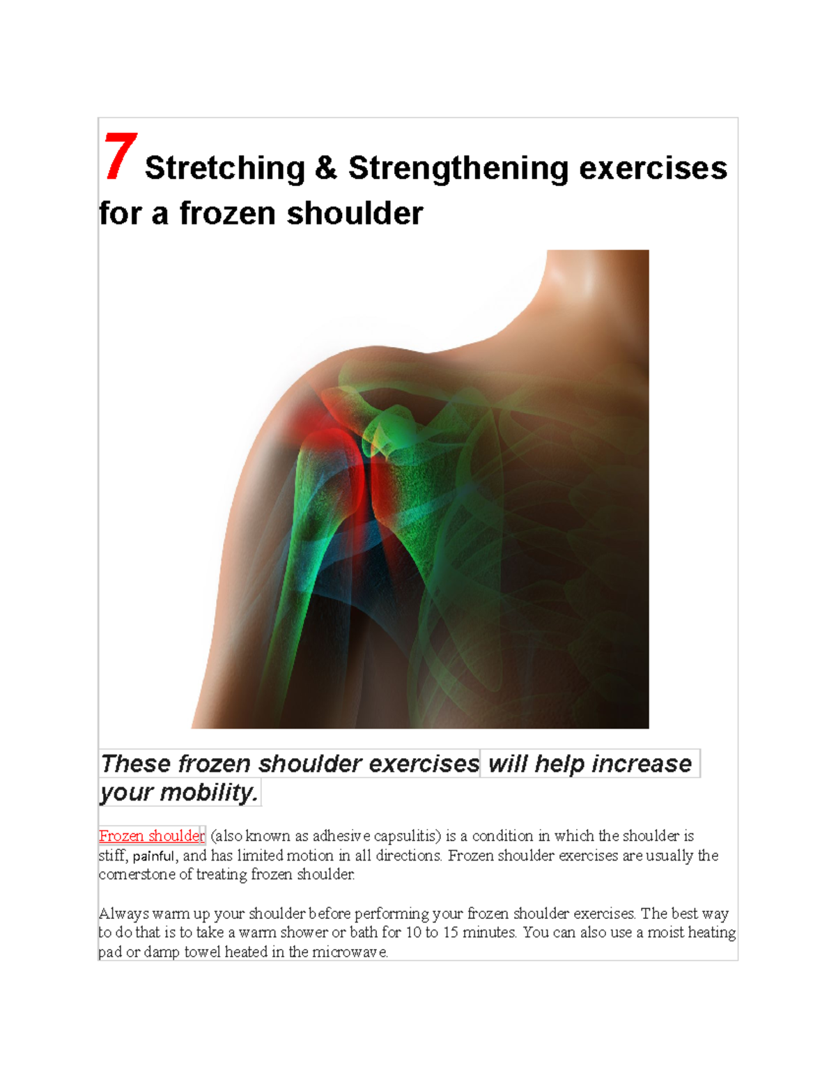 Frozen shoulder - notes - 7 Stretching & Strengthening exercises for a ...