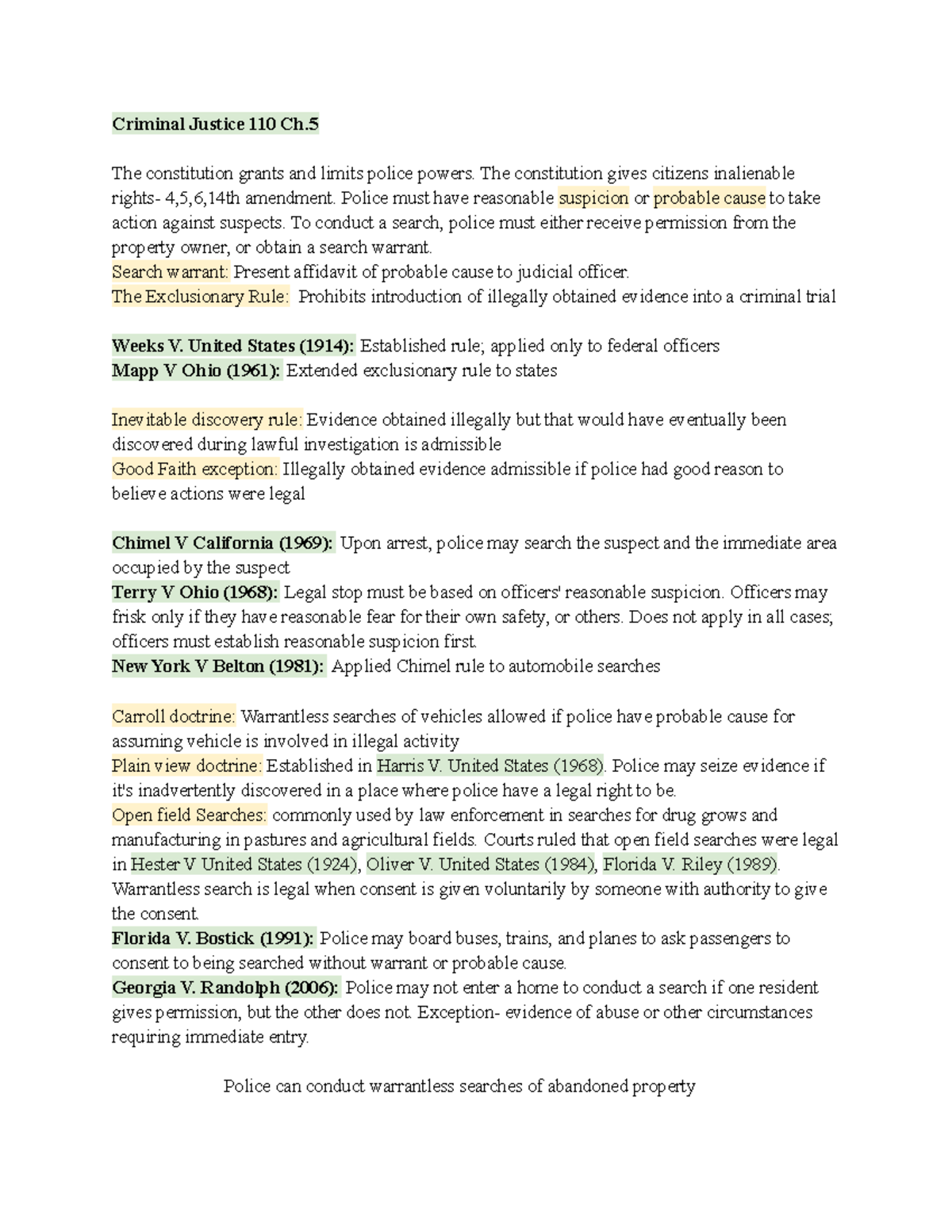 Cj 110 ch - chapter summary - Criminal Justice 110 Ch. The constitution grants and limits police ...