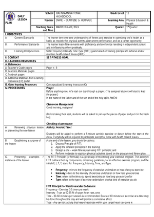 WEEK 4 PE&Health - physical education - DAILY LESSON PLAN School CALINTAAN NATIONAL HIGHSCHOOL ...
