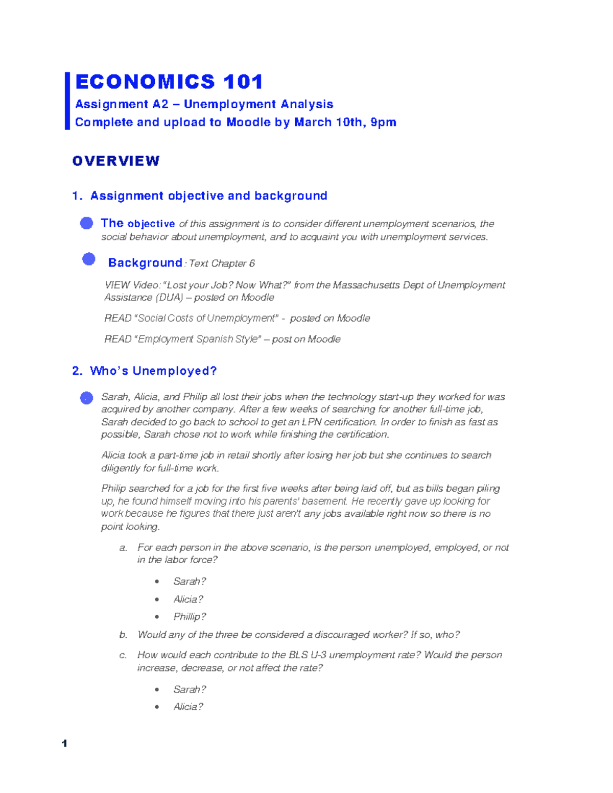 A2 Unemployment Analysis S24 - 1 ECONOMICS 101 Assignment A 2 – Unemployment Analysis Complete ...
