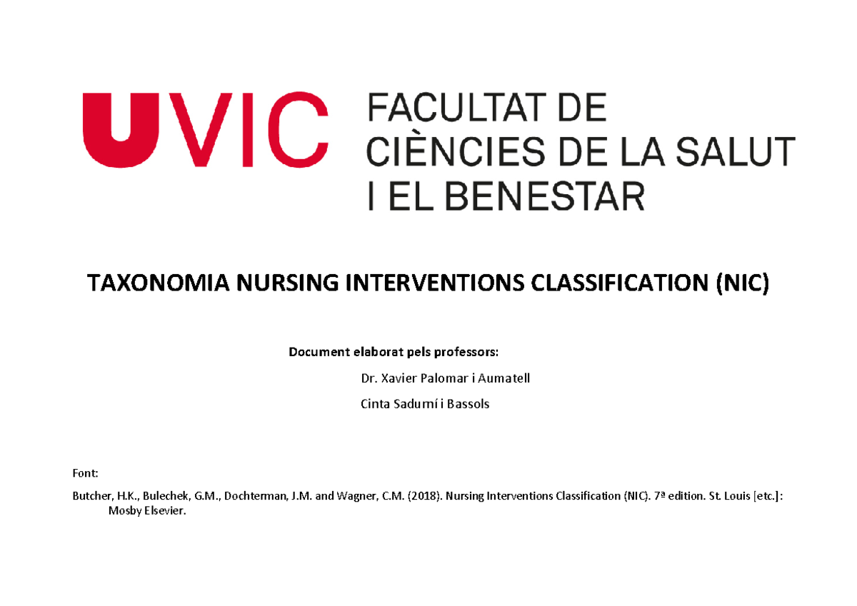 4.NIC.Classificació 7ena edició - TAXONOMIA NURSING INTERVENTIONS ...