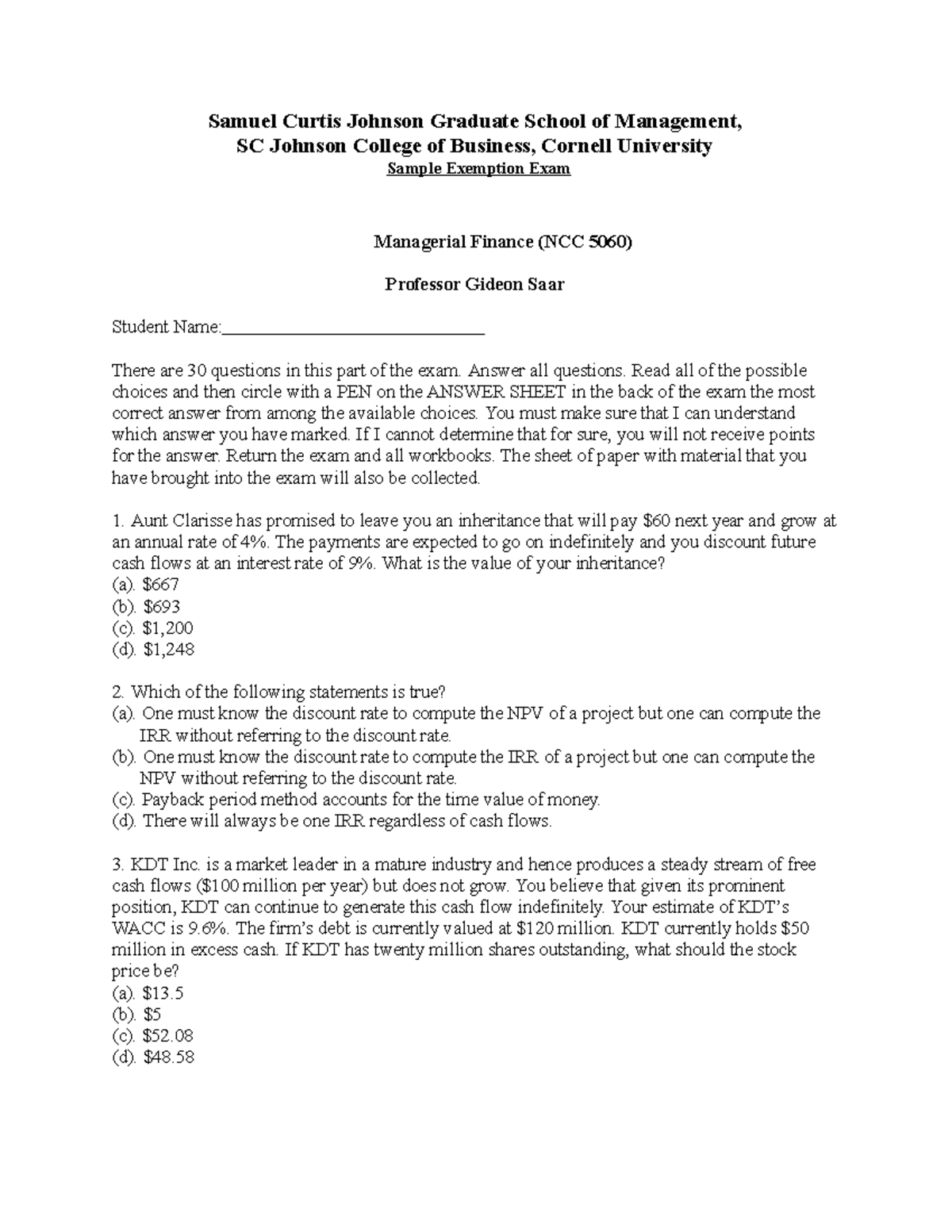 Johnson Sample Core Finance Exemption Exam - Samuel Curtis Johnson ...