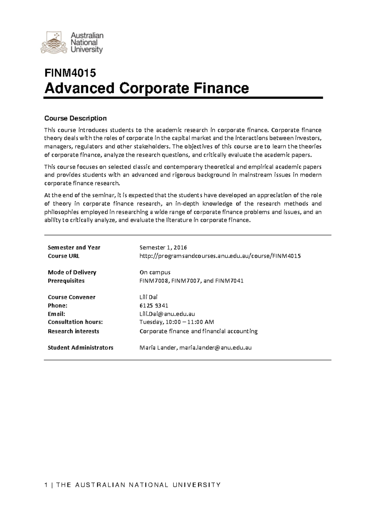 FINM4015 - FINM Advanced Corporate Finance Course Description This ...